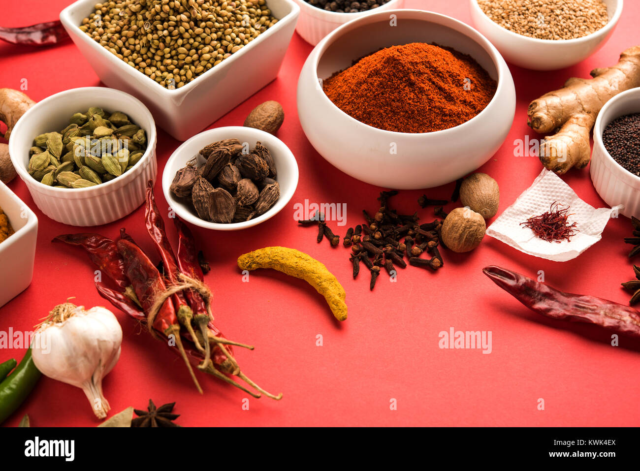 Raw Indian Spice Powder over red, green or yellow background, selective ...