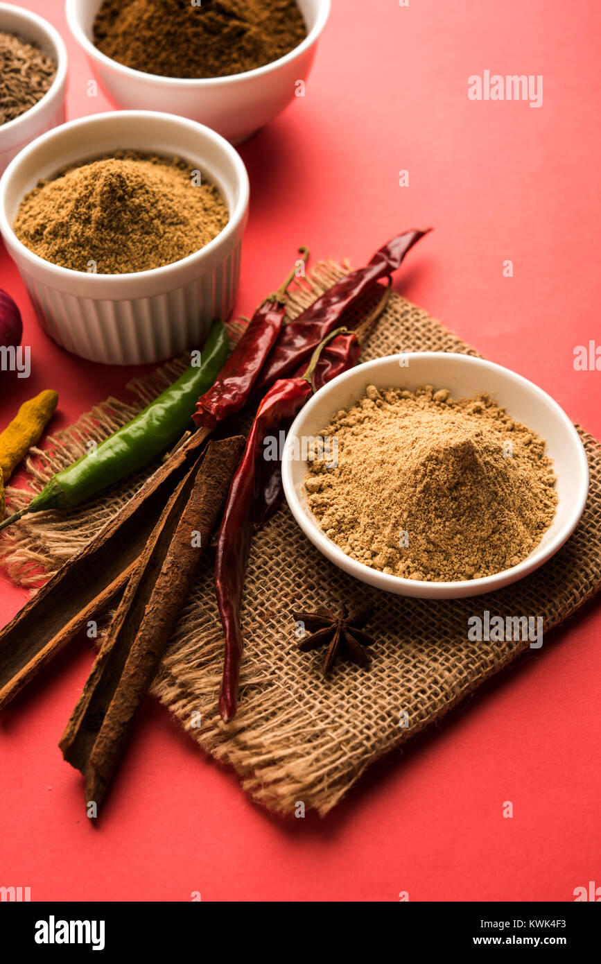 Raw Indian Spice Powder over red, green or yellow background, selective ...