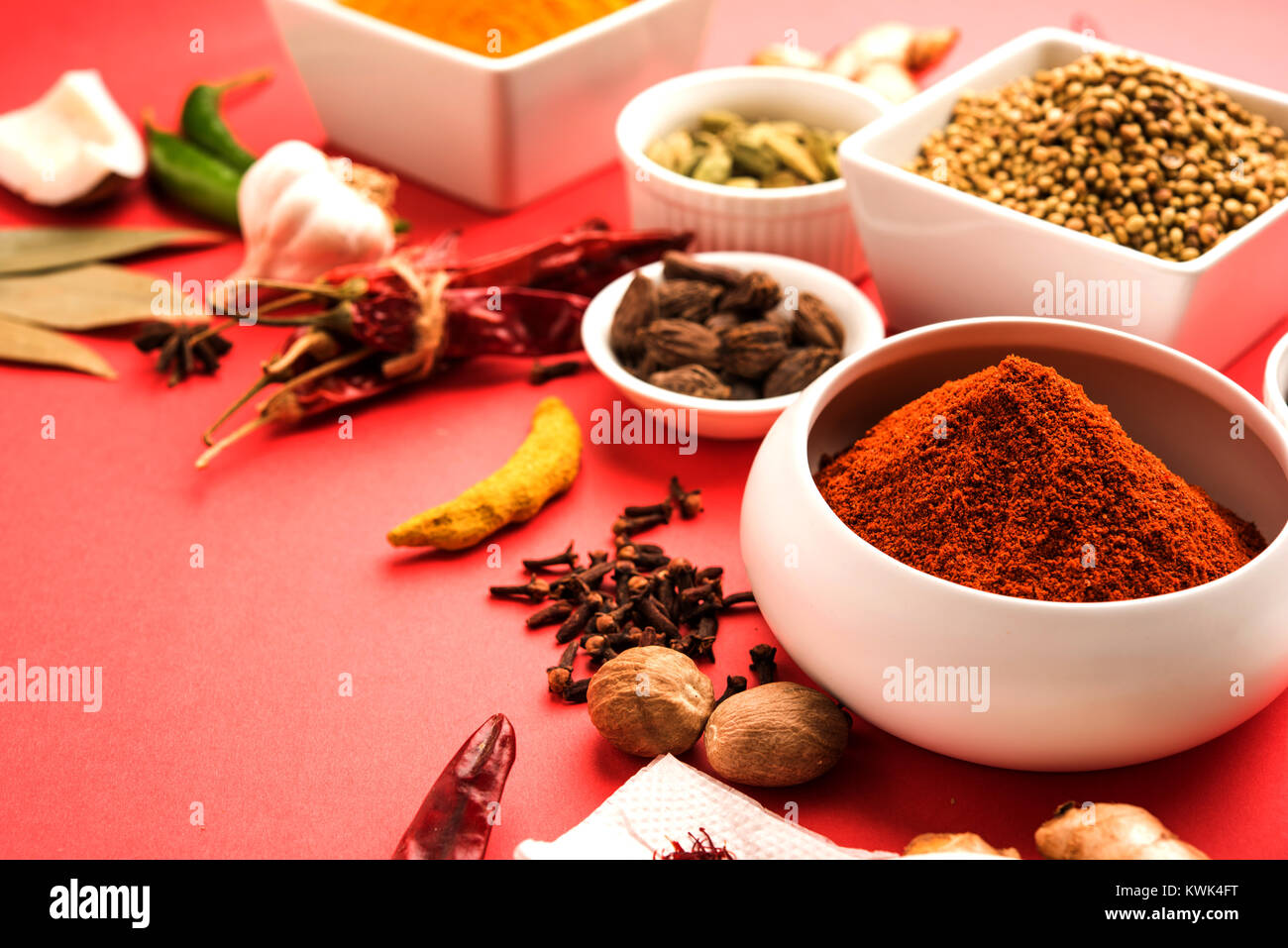 Raw Indian Spice Powder over red, green or yellow background, selective ...
