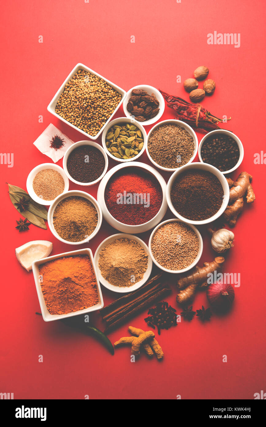 Raw Indian Spice Powder over red, green or yellow background, selective ...