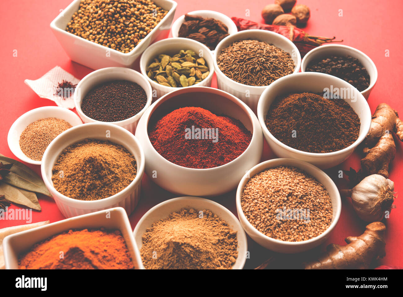 Raw Indian Spice Powder over red, green or yellow background, selective ...