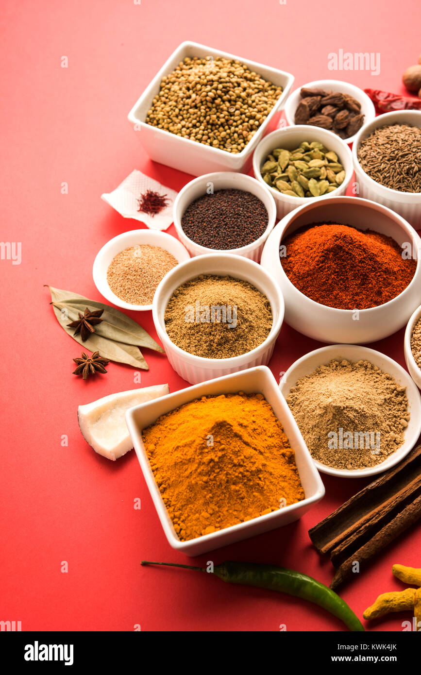 Raw Indian Spice Powder over red, green or yellow background, selective ...