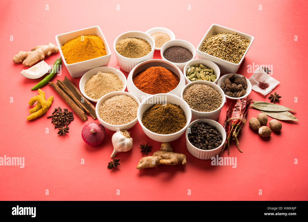 Raw Indian Spice Powder over red, green or yellow background, selective ...