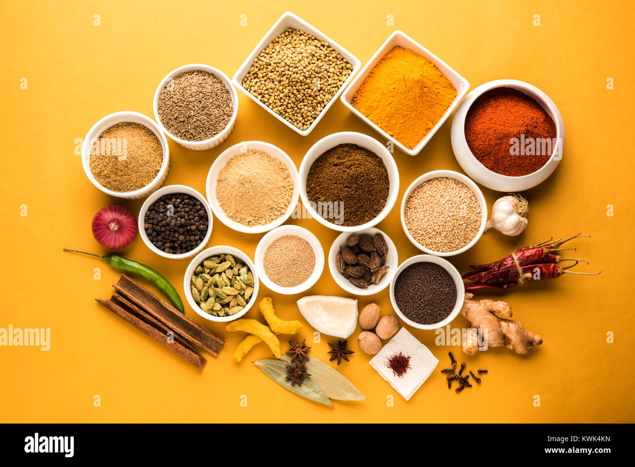 Raw Indian Spice Powder over red, green or yellow background, selective ...