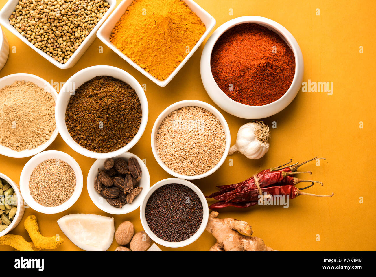 Raw Indian Spice Powder over red, green or yellow background, selective ...