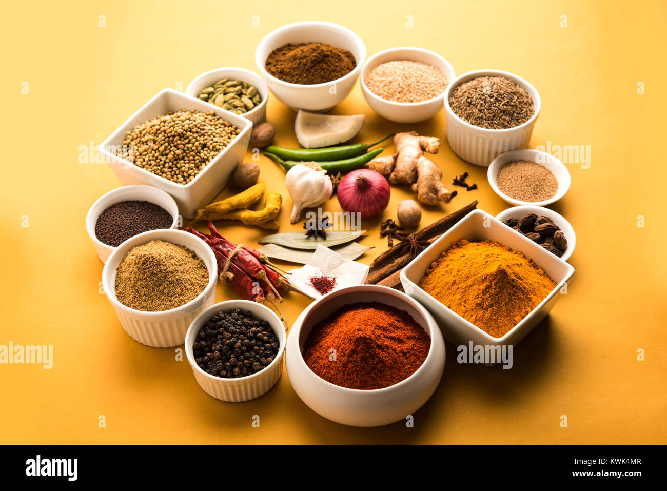 Raw Indian Spice Powder over red, green or yellow background, selective ...