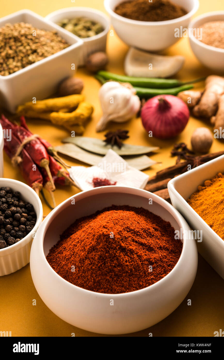 Raw Indian Spice Powder over red, green or yellow background, selective ...