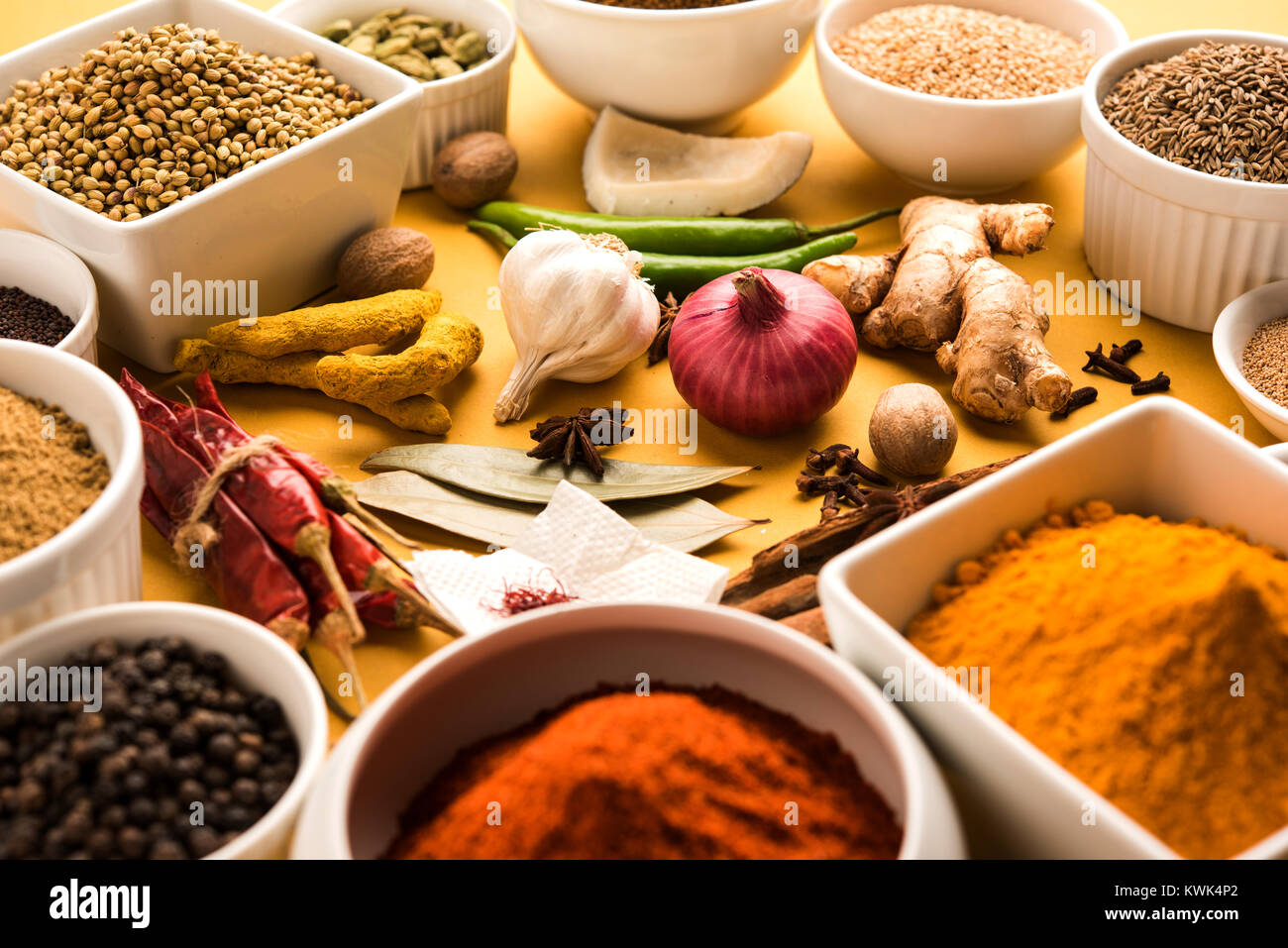 Raw Indian Spice Powder over red, green or yellow background, selective ...