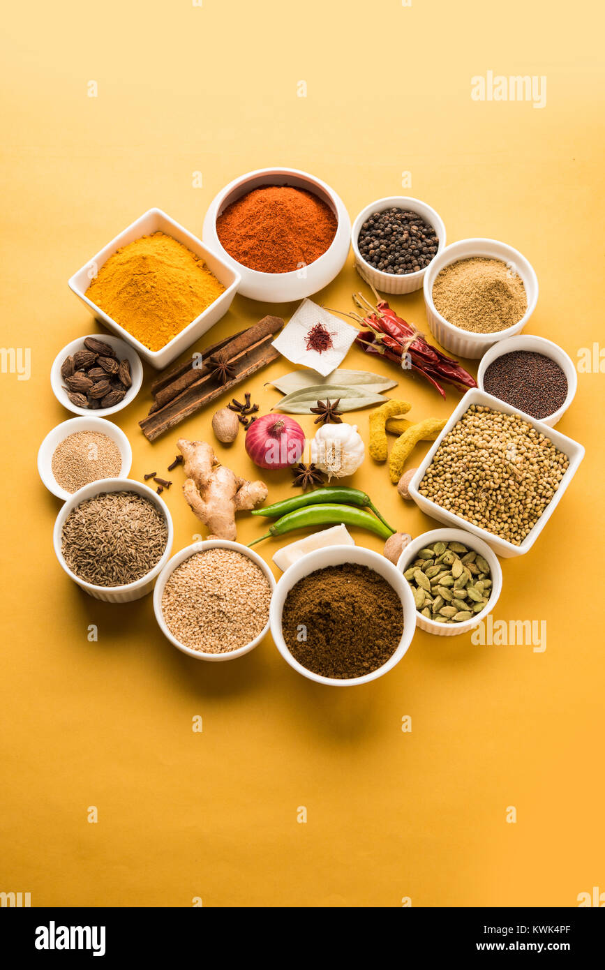 Raw Indian Spice Powder over red, green or yellow background, selective ...