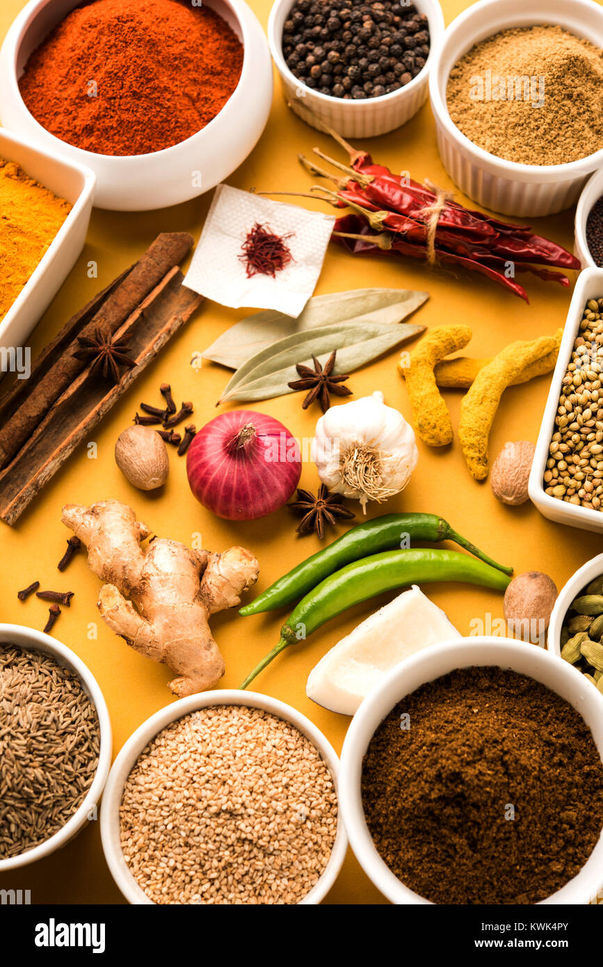 Raw Indian Spice Powder over red, green or yellow background, selective ...