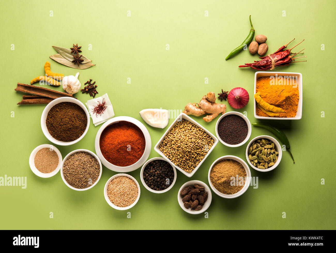 Raw Indian Spice Powder over red, green or yellow background, selective ...