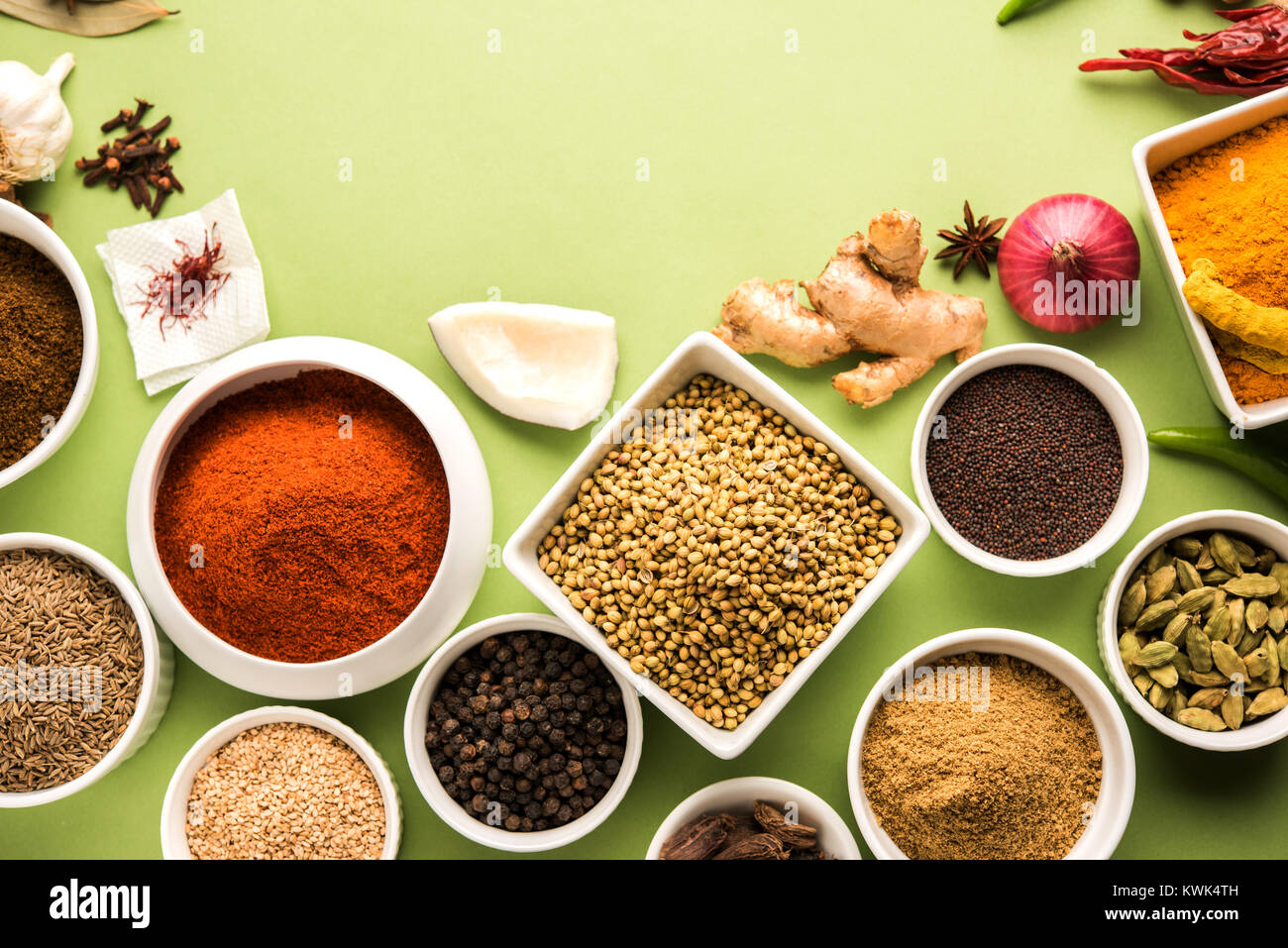Raw Indian Spice Powder over red, green or yellow background, selective ...