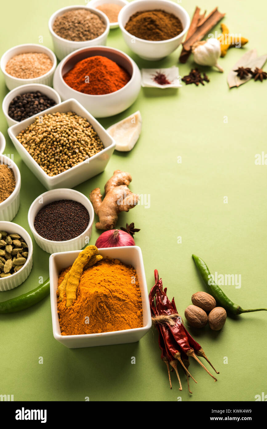 Raw Indian Spice Powder over red, green or yellow background, selective ...