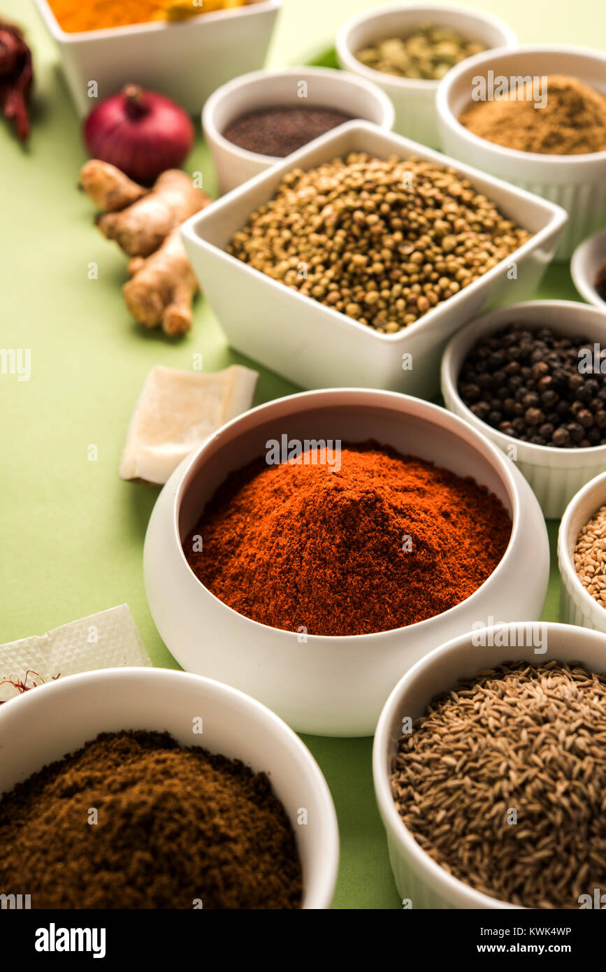Raw Indian Spice Powder over red, green or yellow background, selective ...