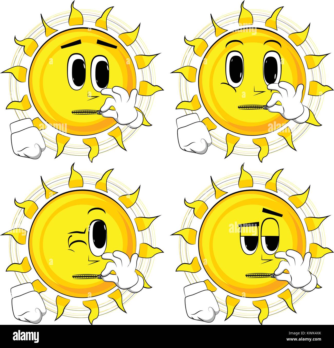 Cartoon sun zipping his mouth. Collection with surprised faces ...