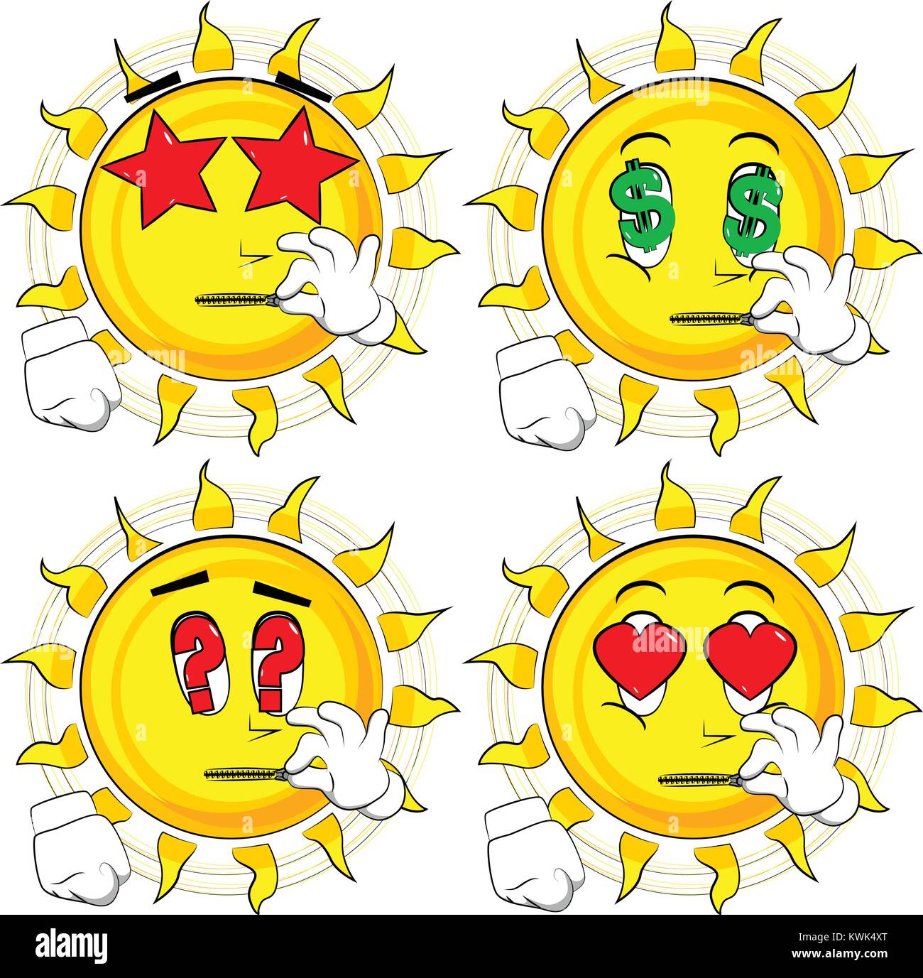 Cartoon sun zipping his mouth. Collection with various facial ...