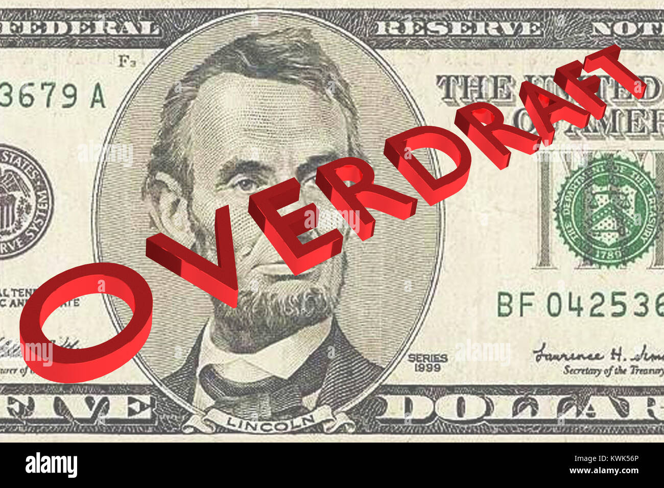 3D illustration of OVERDRAFT title on Five Dollars bill as a background ...