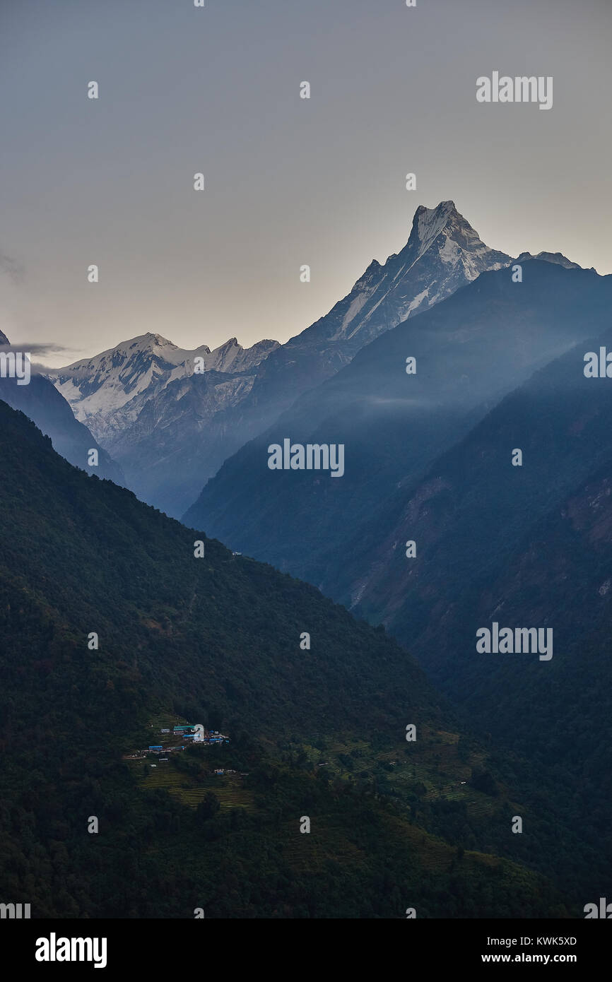 Machapuchare and Sinuwa village, Annapurna massif, Nepal Stock Photo ...