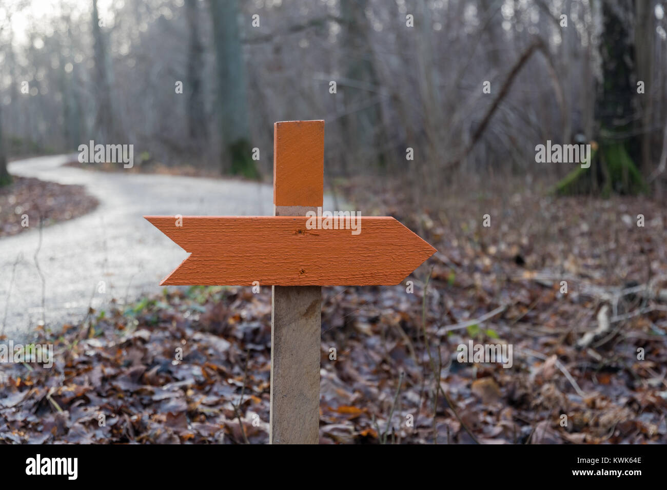 Orange wooden arrow pointing out the direction by a winding road in a ...