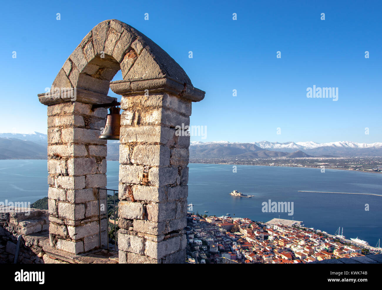 Old town of Nafplion in Greece view from above with tiled roofs, small ...
