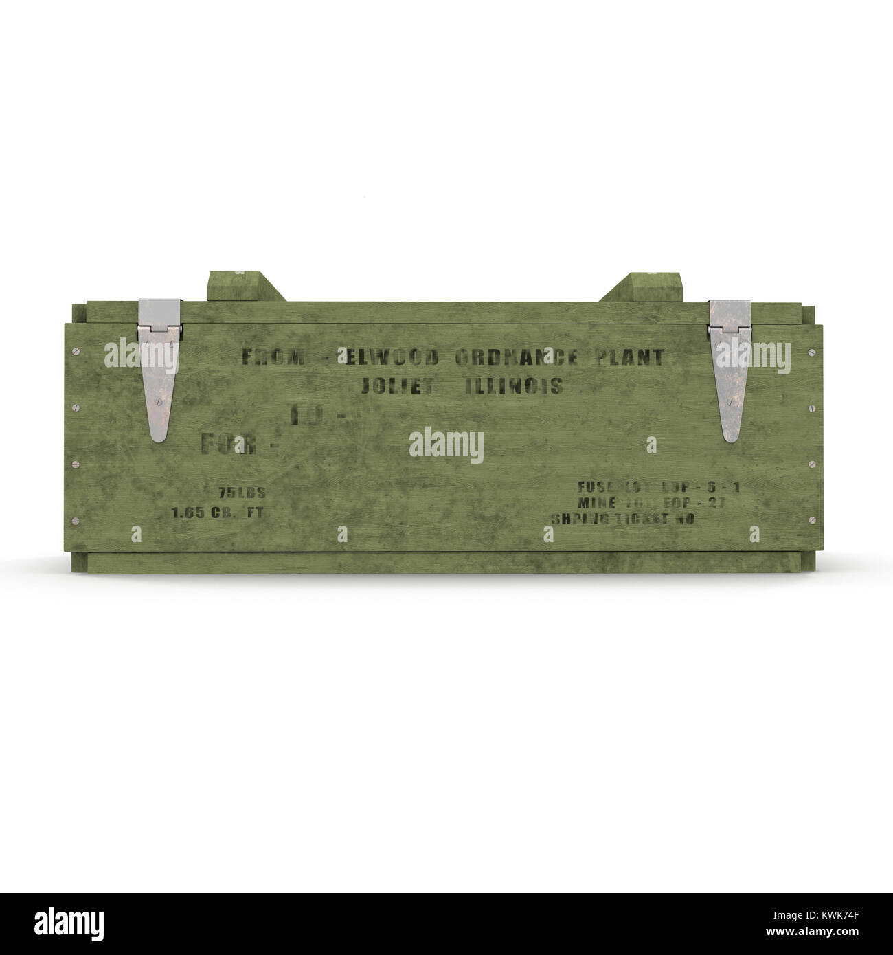 Side view green Military box with explosive isolated on white. 3D ...
