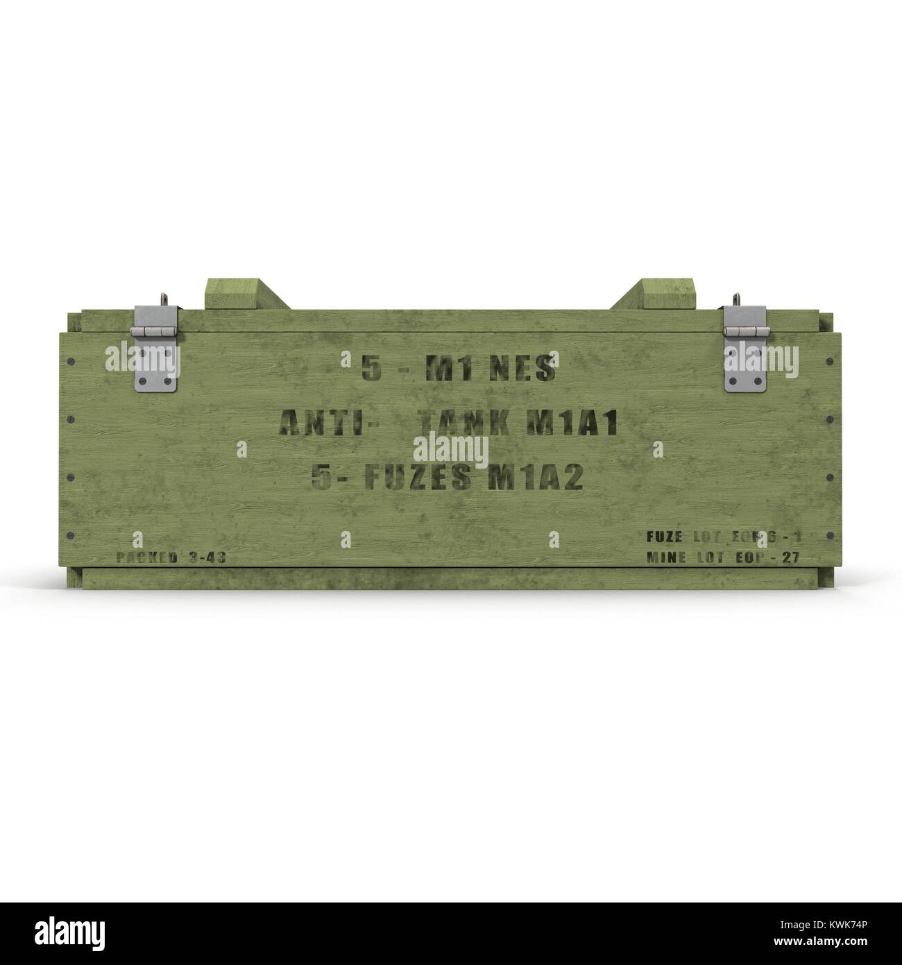 Side view green Military box with explosive isolated on white. 3D ...