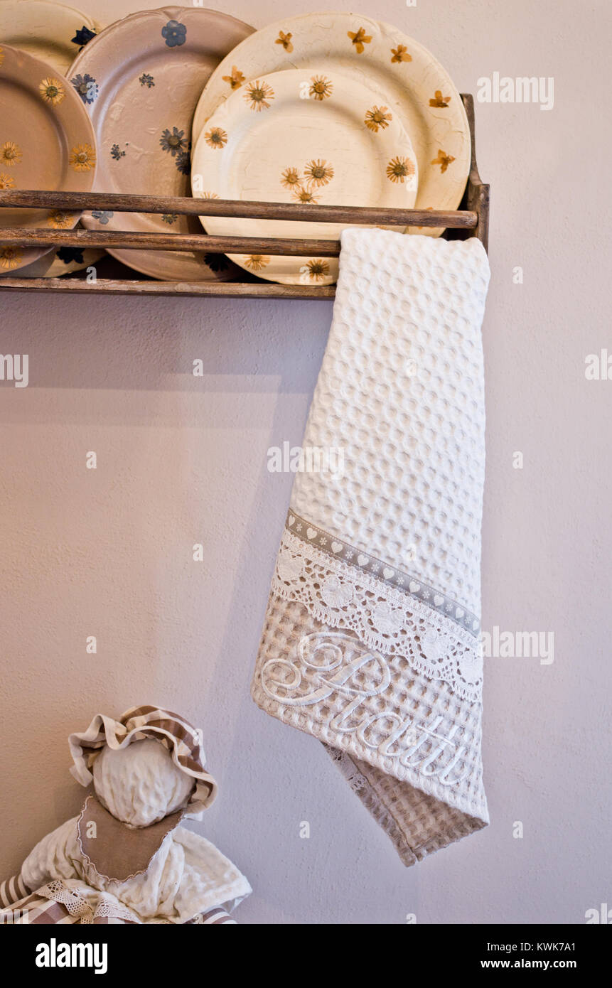 Dishes for lunch and kitchen towels in warm and cozy color for your ...