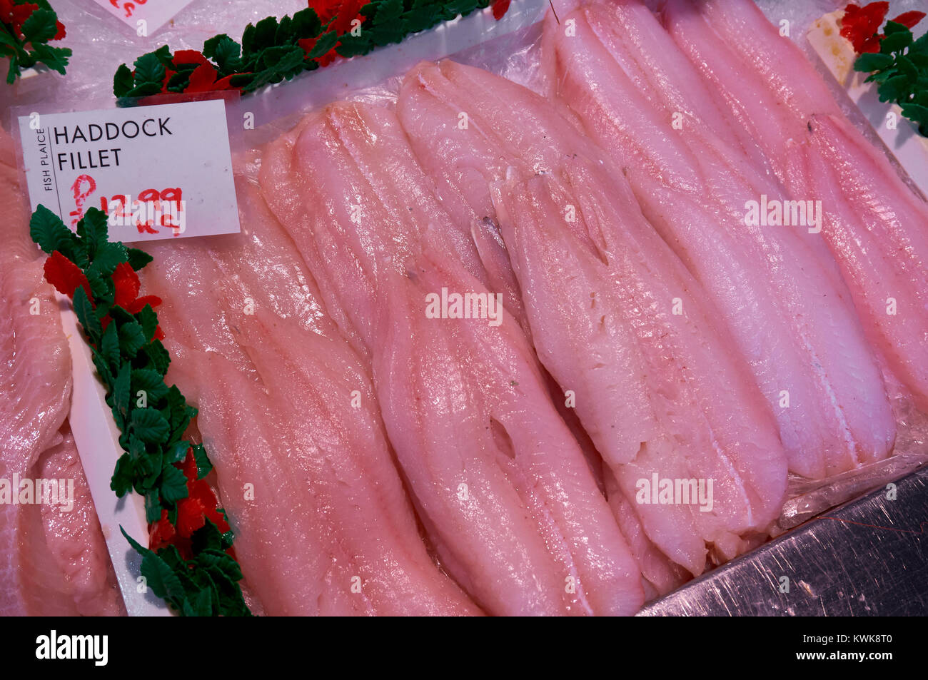 Fresh fillets of Scottish Haddock for sale at a local fishmonger ...