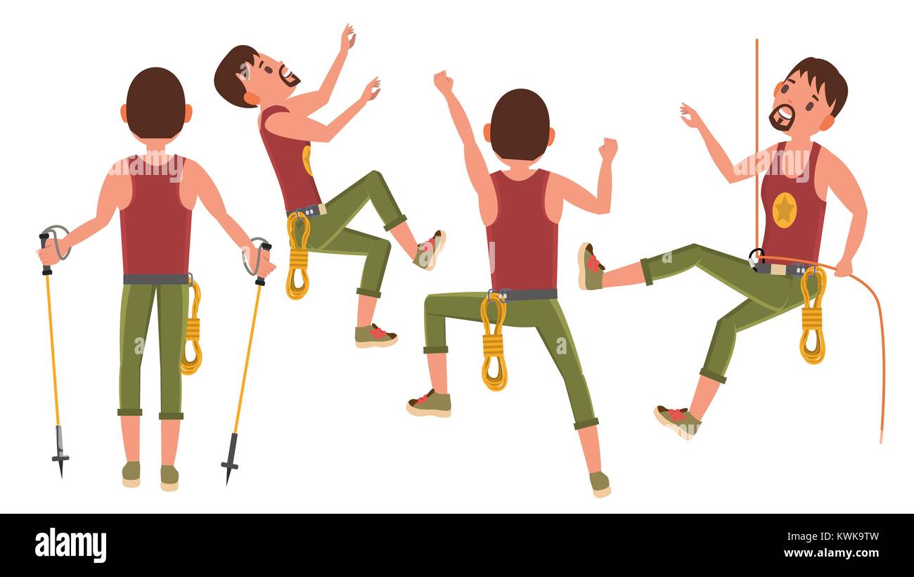 Young Climber Man Vector. Rock Climbing Sport. Different Poses. Tourist ...