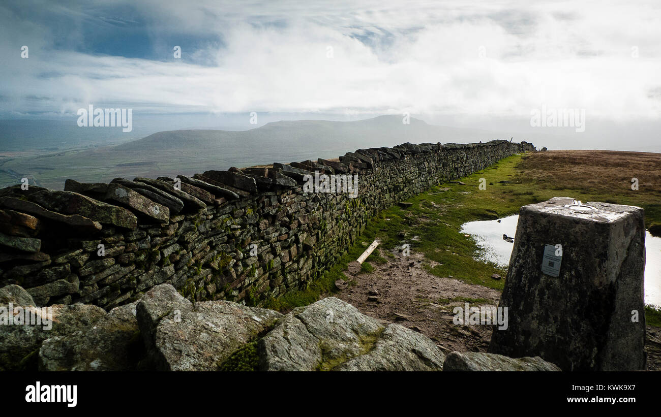 Trig point on summit of Whernside, 3 peaks, Yorkshire Dales, England ...