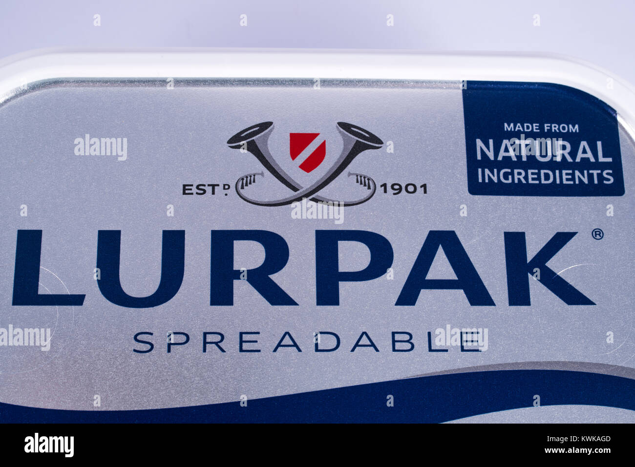 LONDON, UK - DECEMBER 18TH 2017: A pack of Lurpak butter over a plain ...