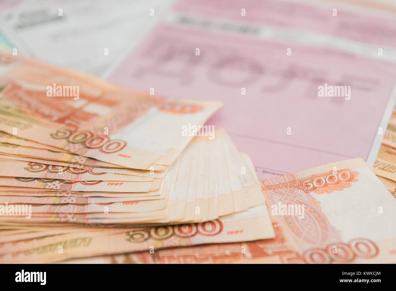 Russian money five thousand roubles with payment receipts Stock Photo ...