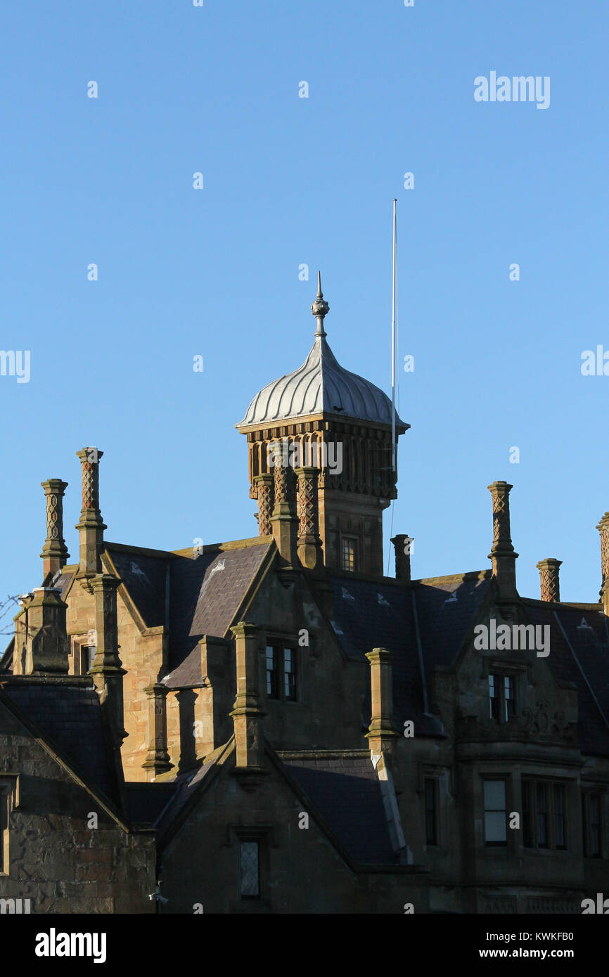 Chimneys and tower of Brownlow House in Lurgan, Northern Ireland Stock ...