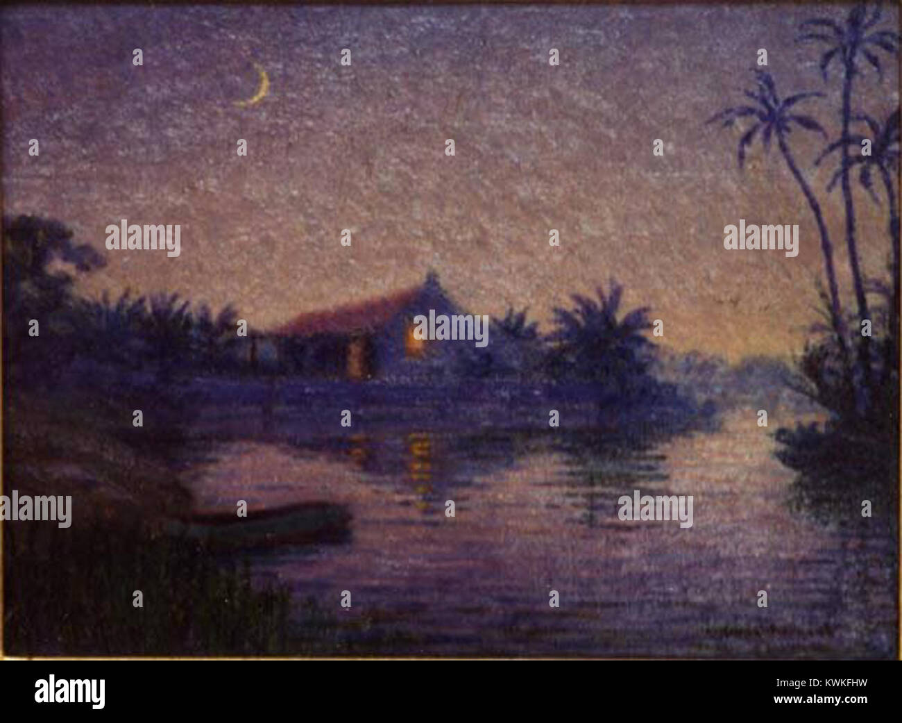 The painting 'Moonlight Lagoon' by Anna Woodward depicts a tranquil ...