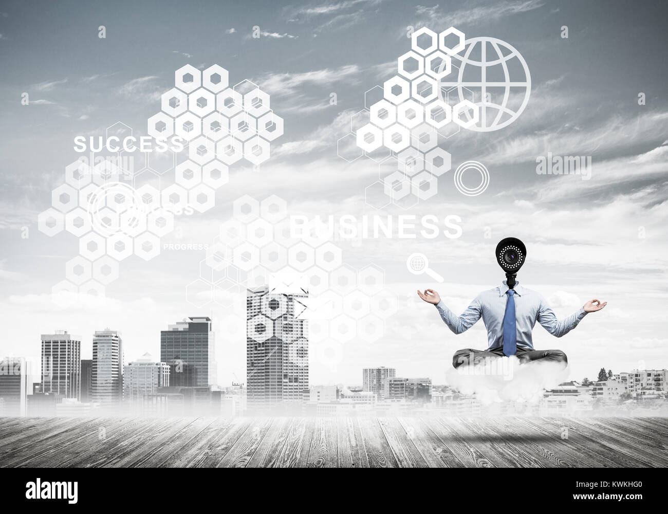 Camera headed man sitting in lotus pose on cloud against modern Stock ...