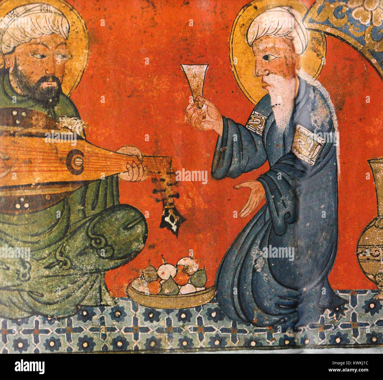 A 15th-century depiction of a lute player accompanied by a wine drinker ...