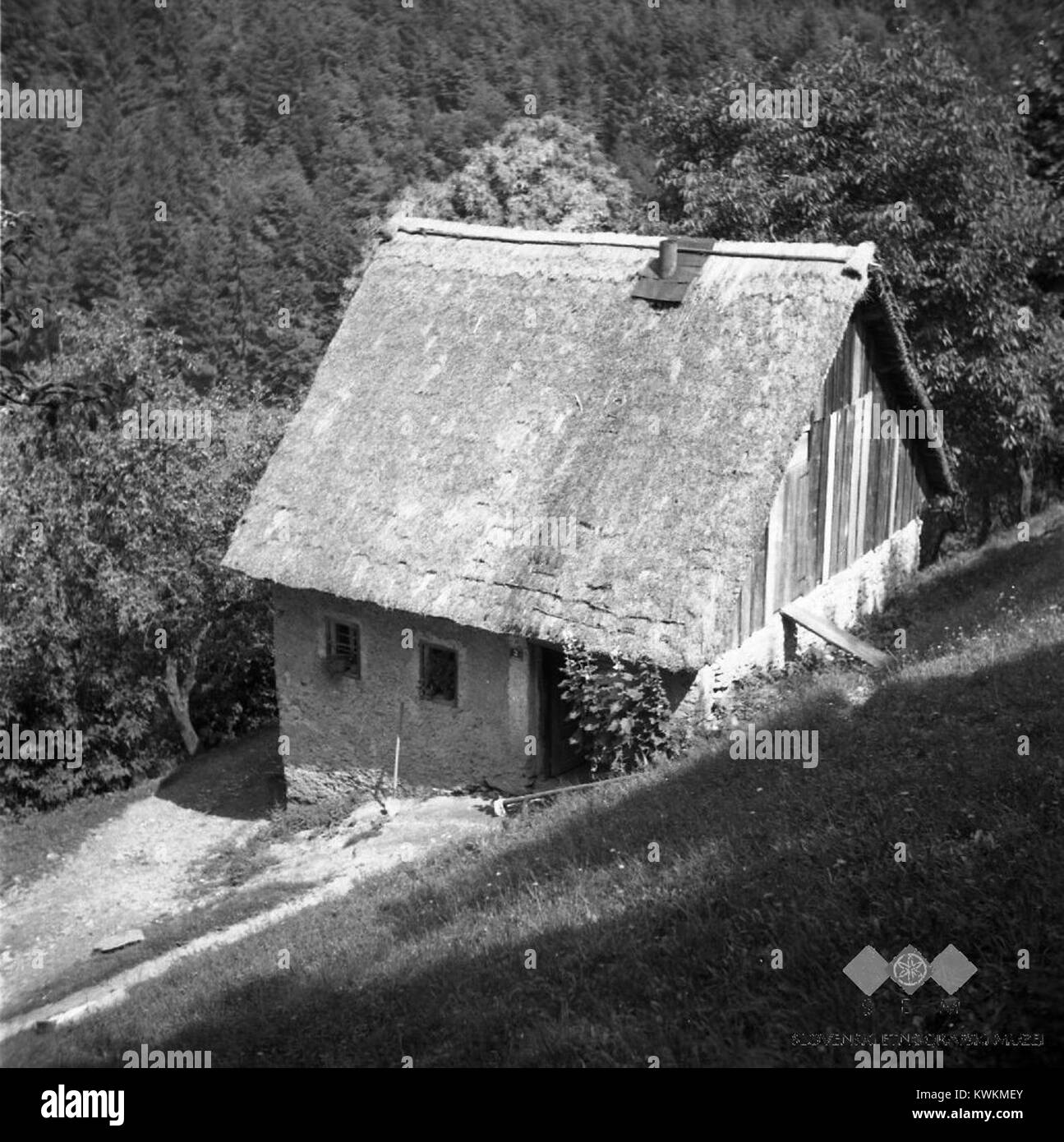 A 1954 photograph shows a small wooden guest hut (‘bajta’) located in ...