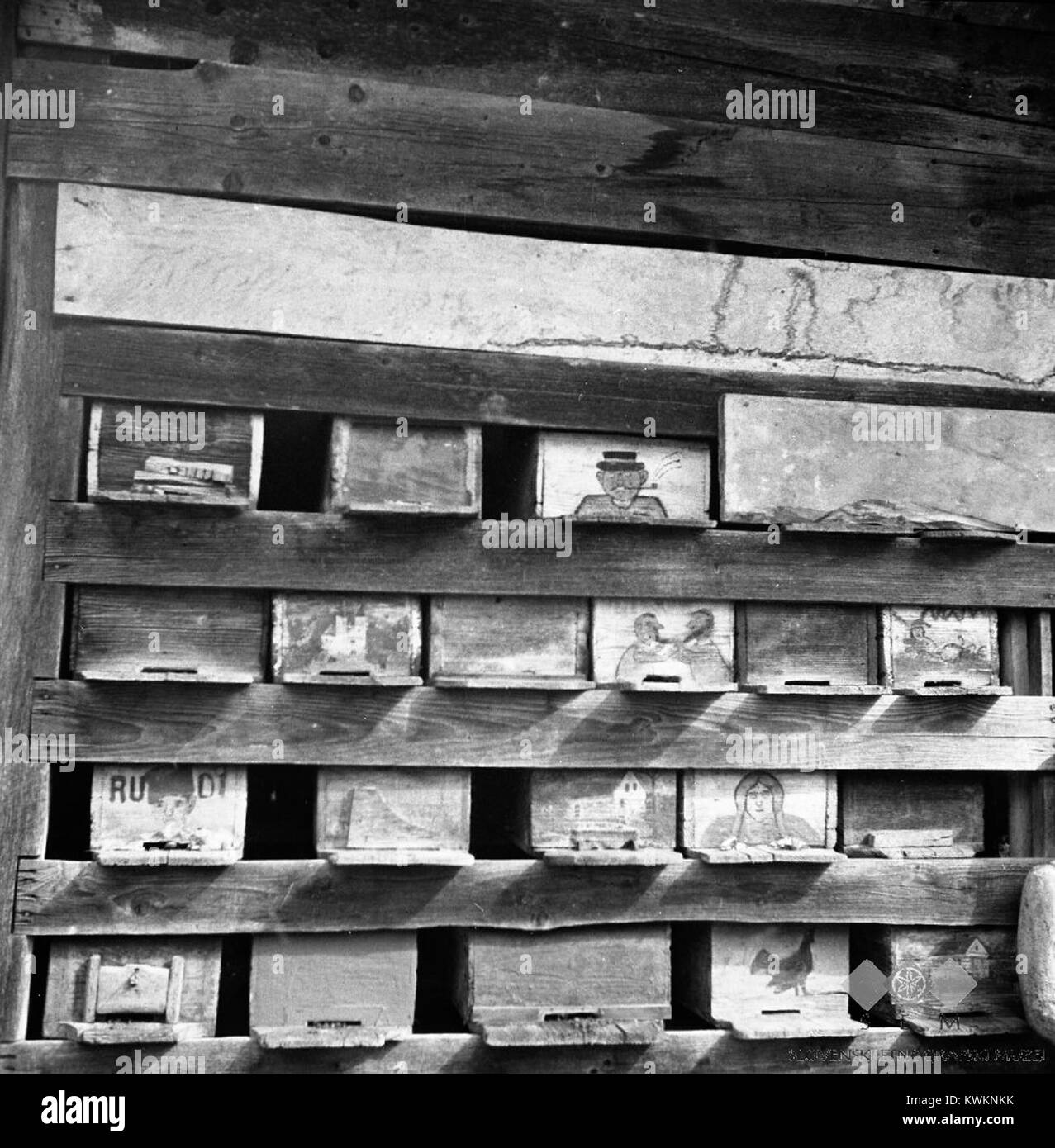 A 1956 photograph from Kocarija showing traditional beekeeping ...