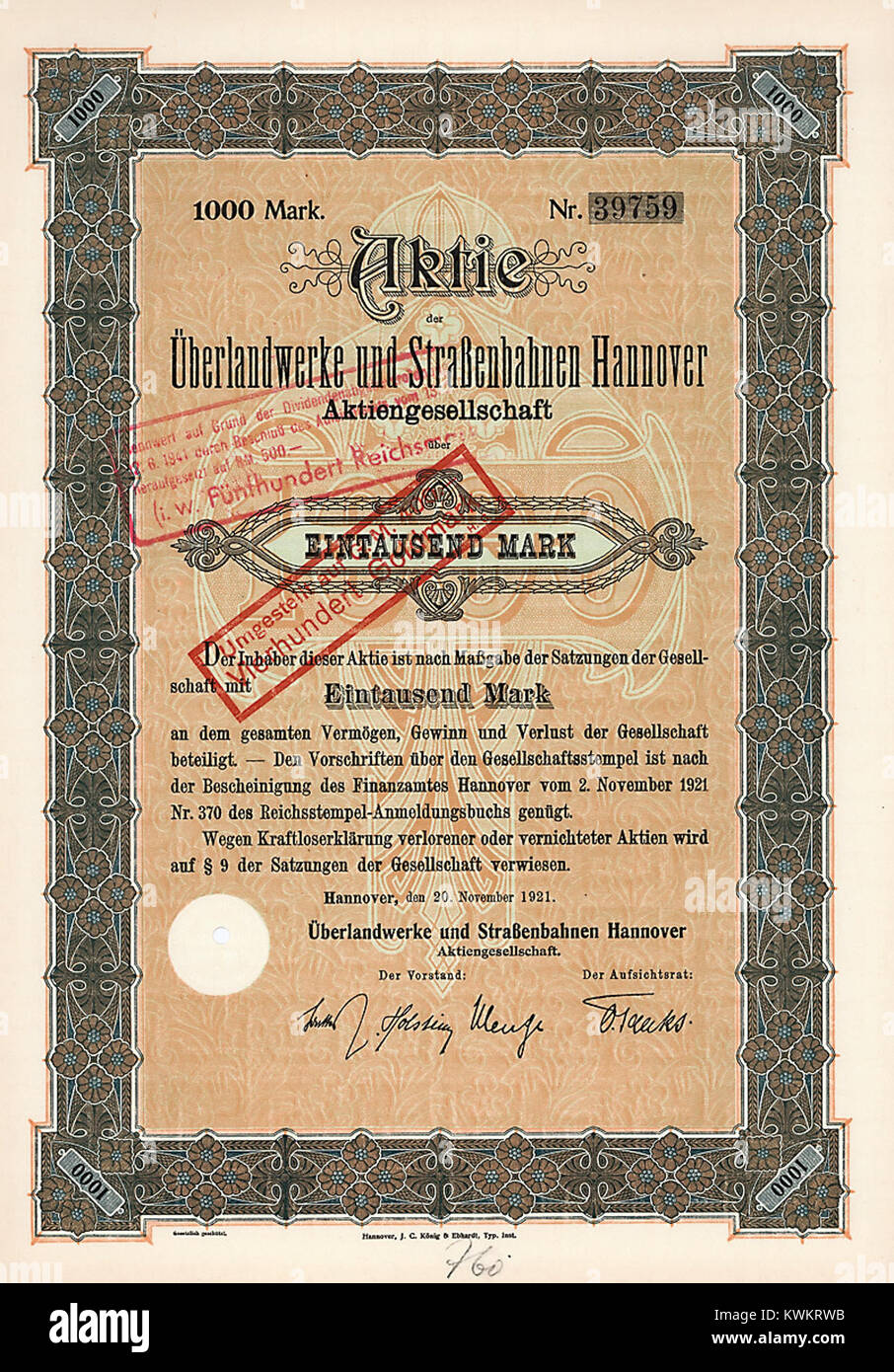 A 1921 German bond issued by Berlandwerke and Straßenbahnen Hannover AG ...