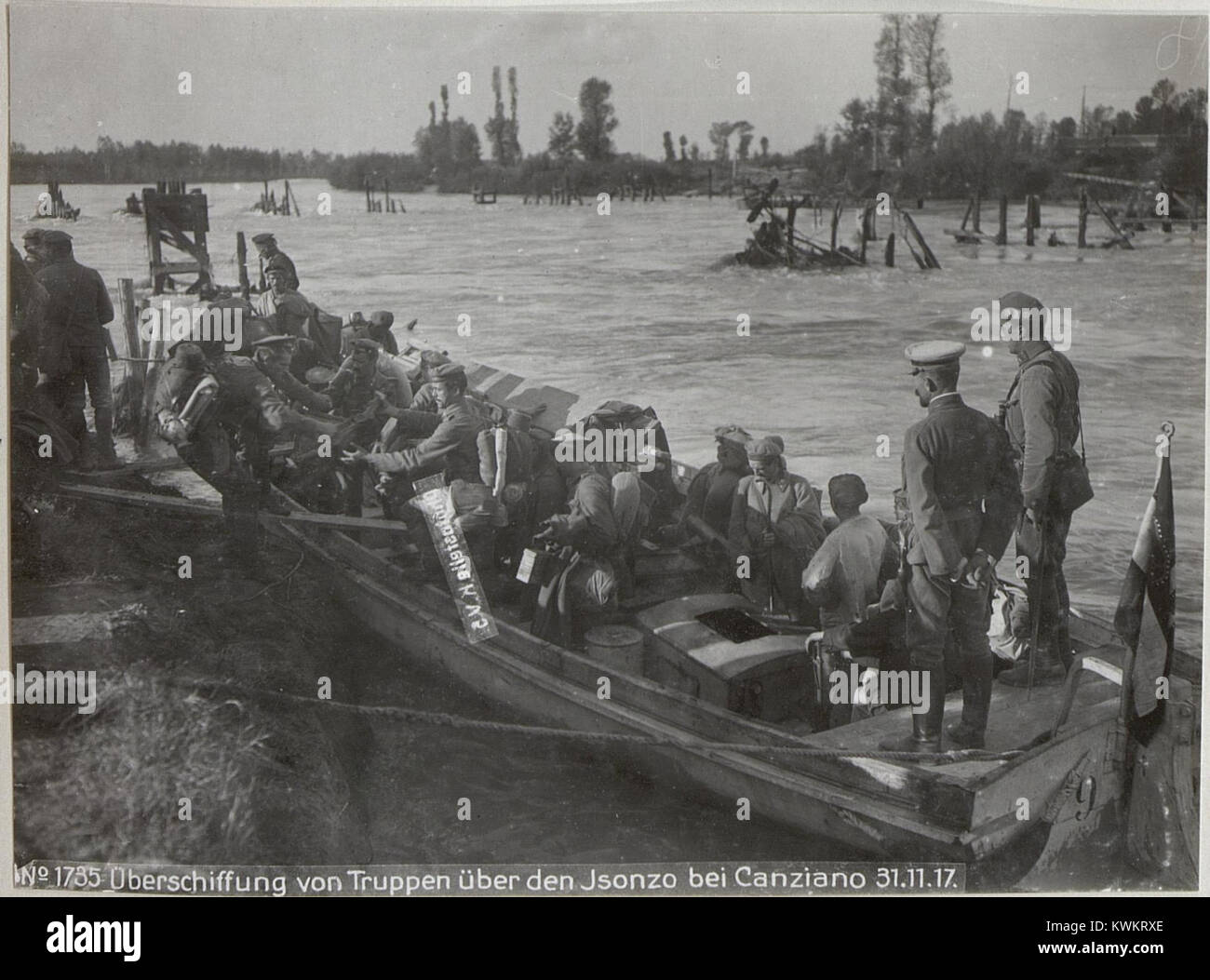 A historical photograph showing the troop crossing of the Isonzo River ...