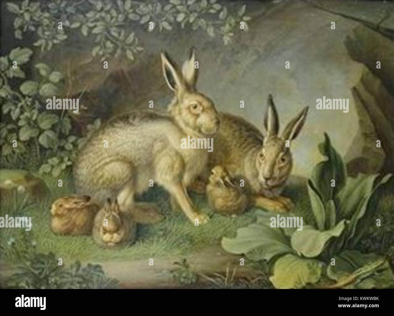 A painting by Czech artist Jan Václav Peter depicting hares and rabbits ...