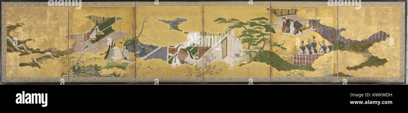 This six-fold screen depicts scenes from 'The Genji Monogatari,' one of ...