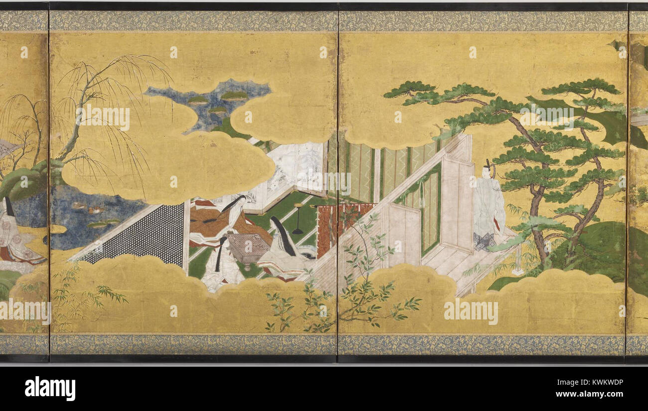 This six-fold screen from Japan features scenes from ‘The Genji ...