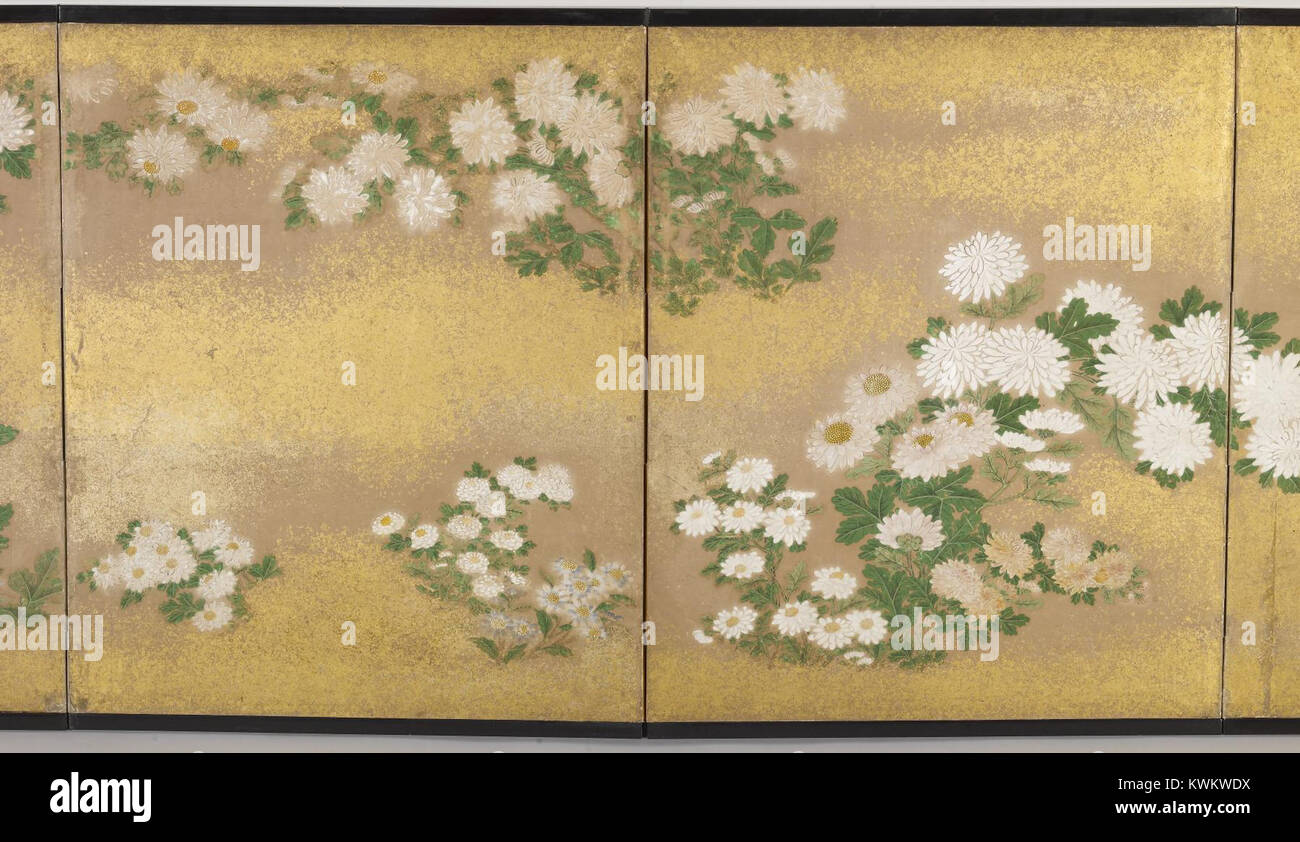 This six-fold screen depicts scenes from 'The Genji Monogatari,' a ...