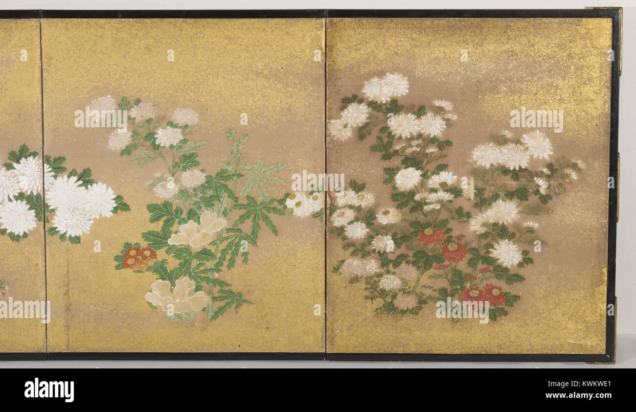 This is a detailed section of a six-fold screen depicting scenes from ...