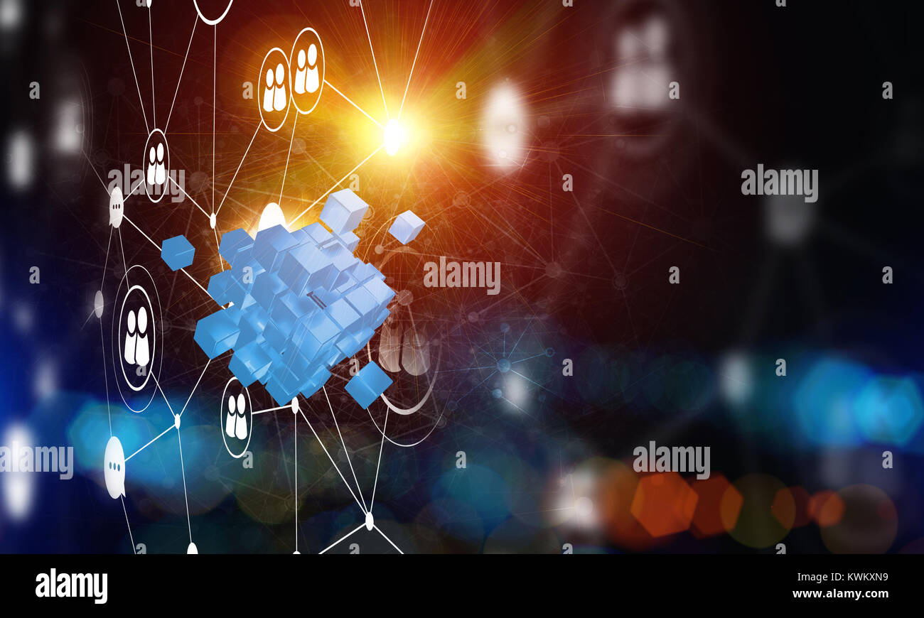 Concept of Internet and networking with digital cube figure on dark ...