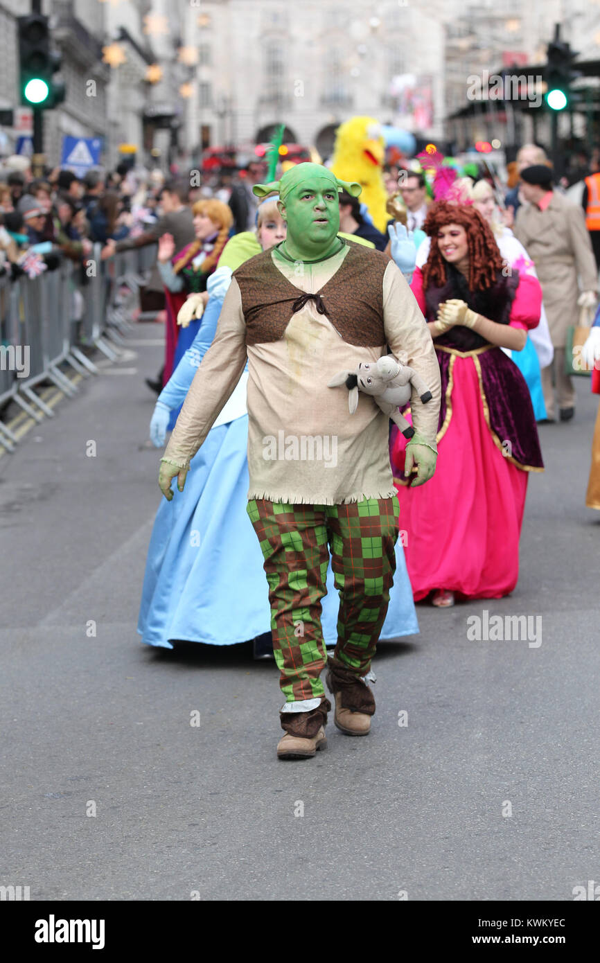 LONDON - JAN 01, 2018: Participant dressed as Shrek takes part in the ...