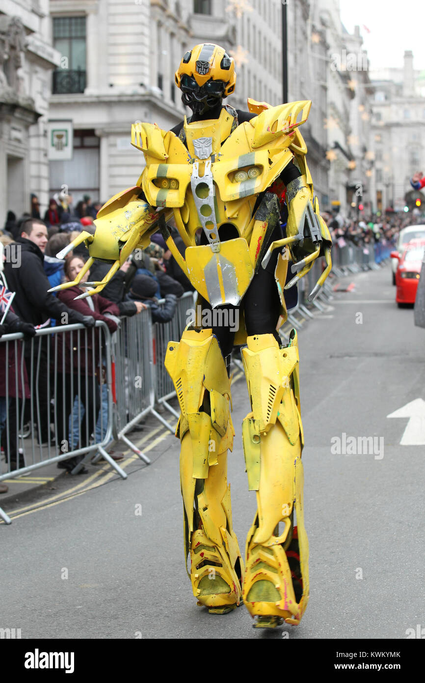 LONDON - JAN 01, 2018: Participant dressed as a Bumblebee Transformer ...
