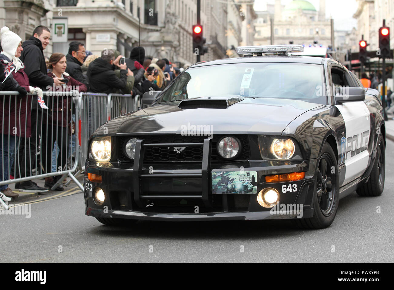 LONDON - JAN 01, 2018: Transformers police car takes part in the New ...