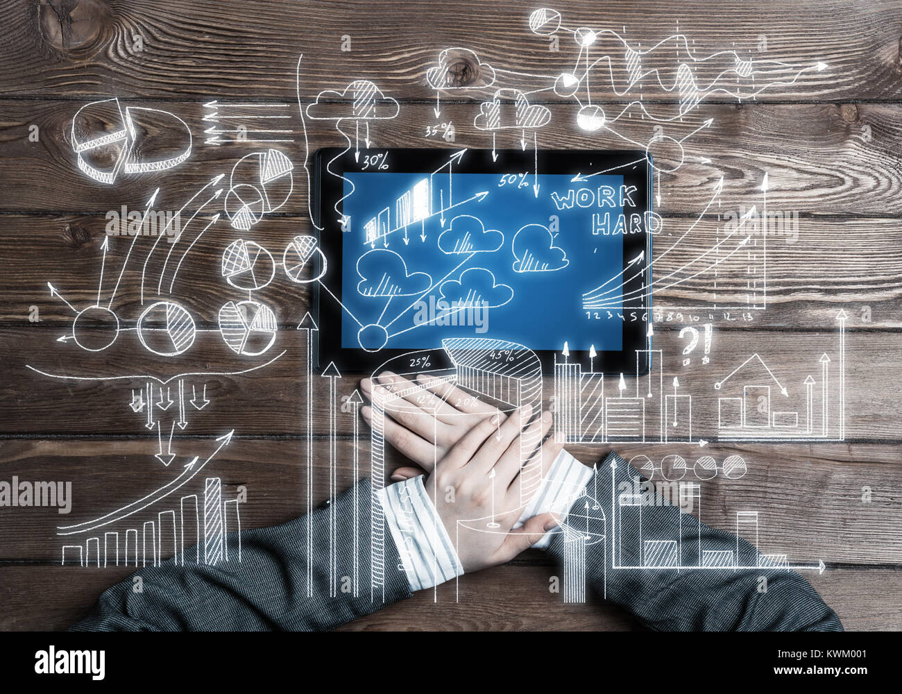 Concept of business strategy and planning with tablet on wooden table ...